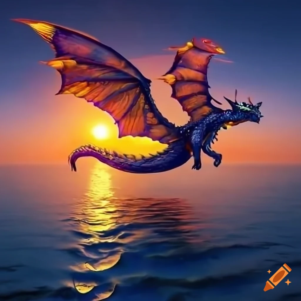 Mythical dragon taking flight against the new year sunrise above the ...