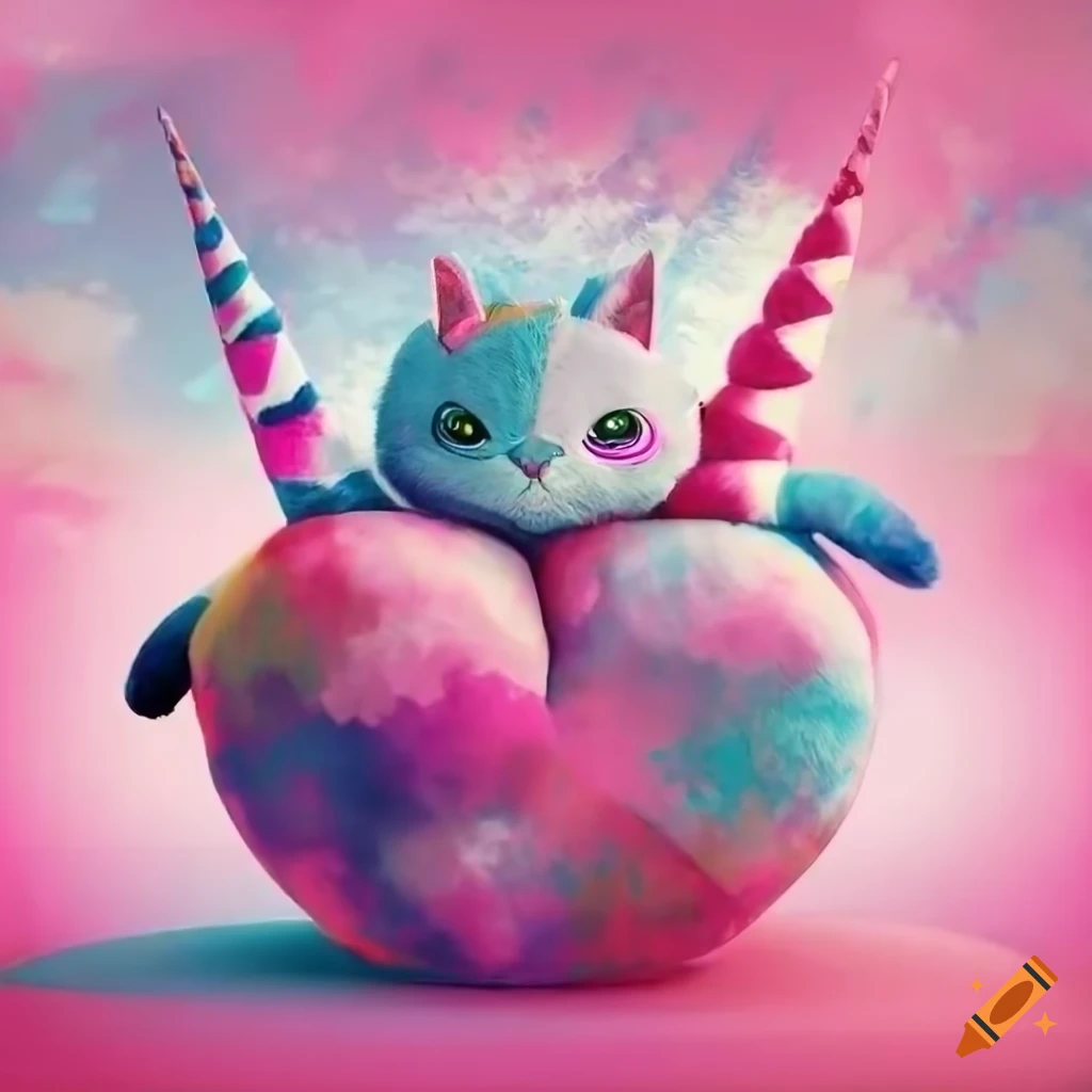 Colorful poster with plush cats and unicorns in soft style