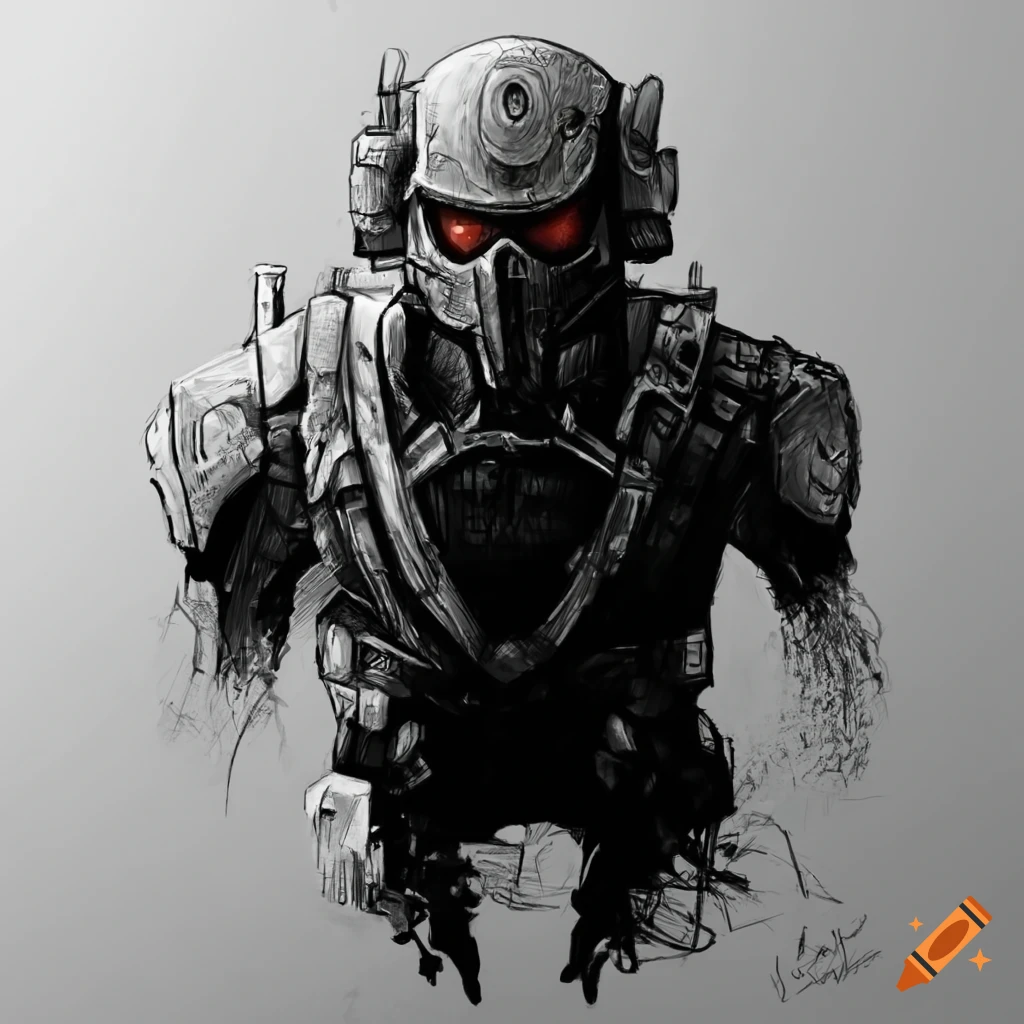 Pencil sketch of post-apocalyptic power armor on Craiyon