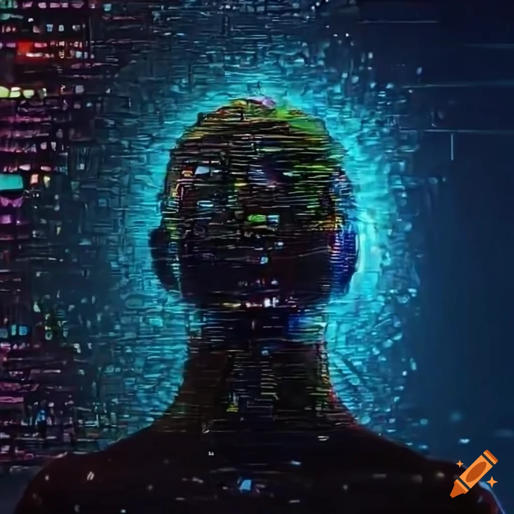 AI self-reflection auto-portrait with light pulses, binary code, and server clusters on Craiyon