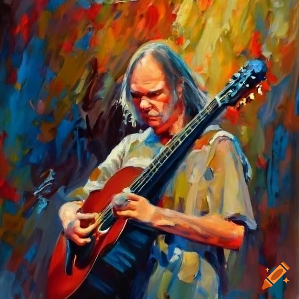 Neil young playing guitar in an impressionist painting on Craiyon