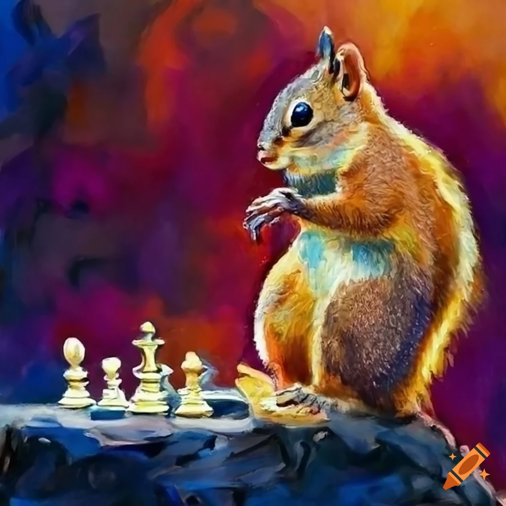 Squirrel and snail playing chess on a cliff edge in an oil painting on ...