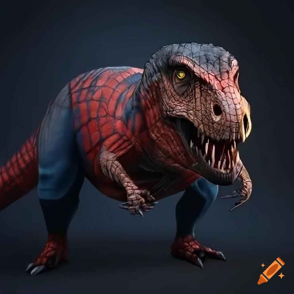 Tyrannosaurus rex dressed as spider-man shooting webs in realistic and ...