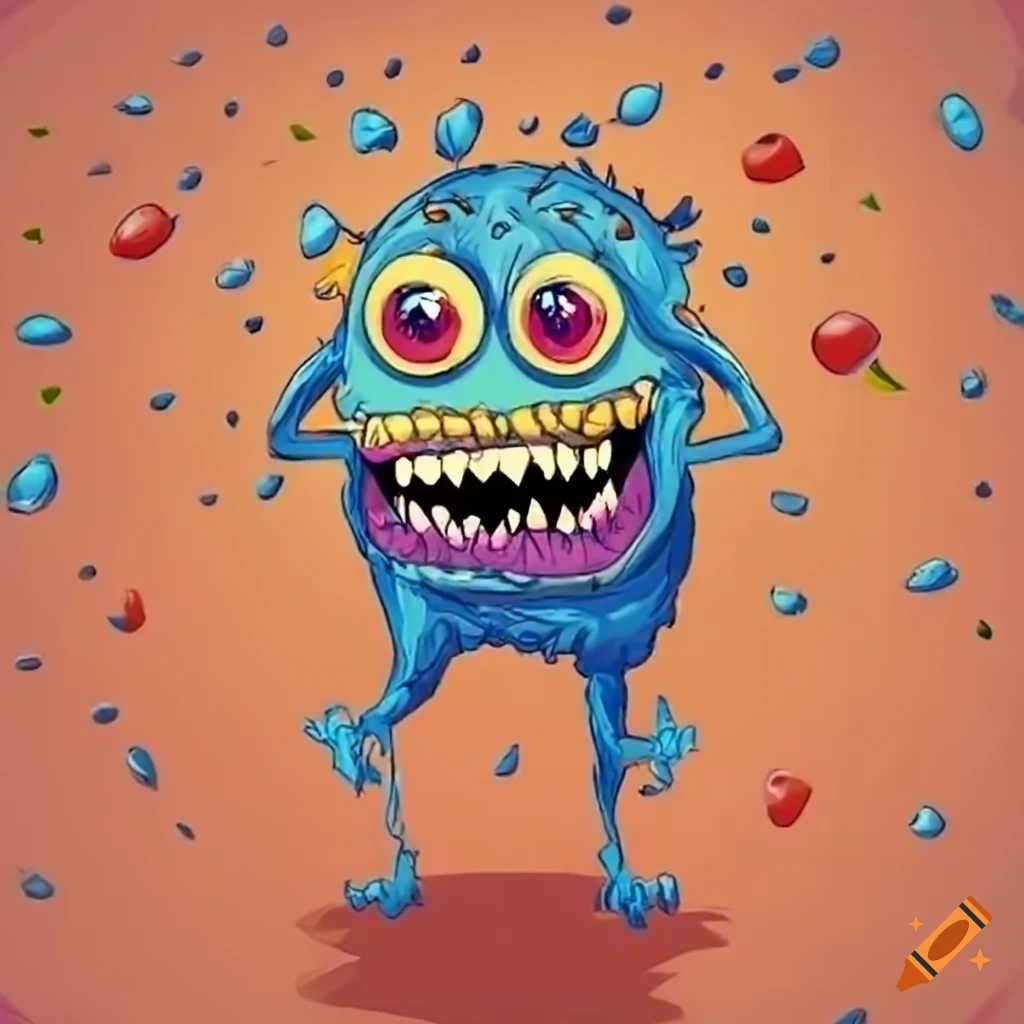 Happy comic monster in front of a climbing wall