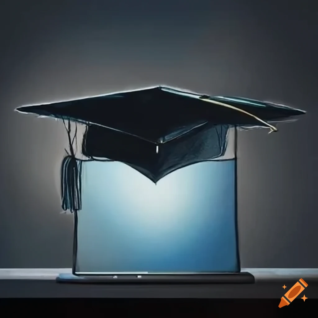 Graduation cap and flowers on a table with a computer