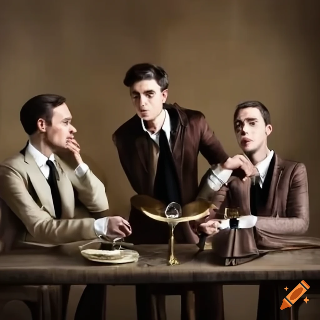 Three men at a table in an elegant setting on Craiyon