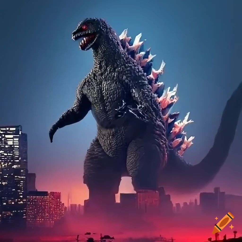 Godzilla towering over a city skyline with glowing red fins and eyes in ...