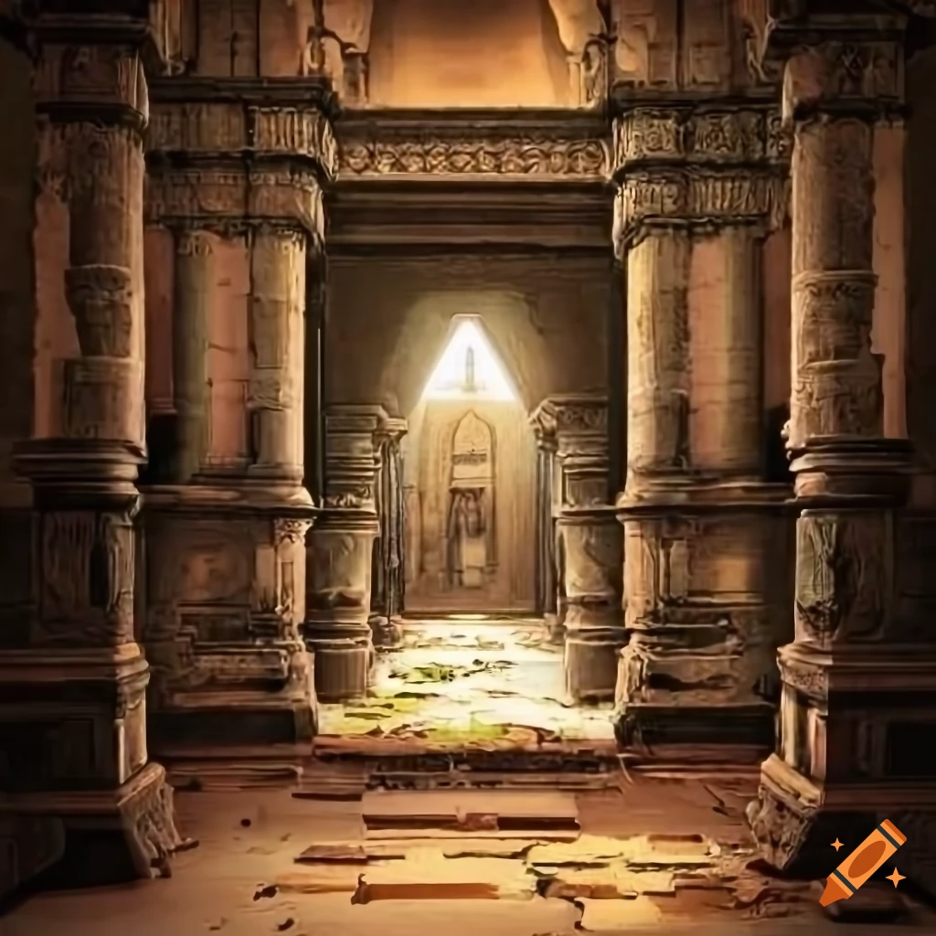 Huge abandoned temple room with ancient scrolls and artifacts in niches