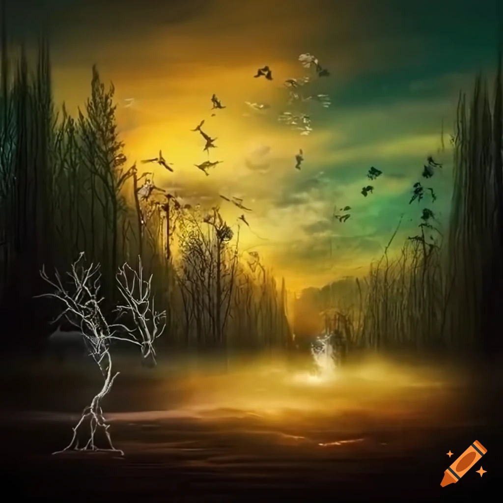 Surreal creatures in a park with strange trees, streetlights, and fantastical clouds on Craiyon