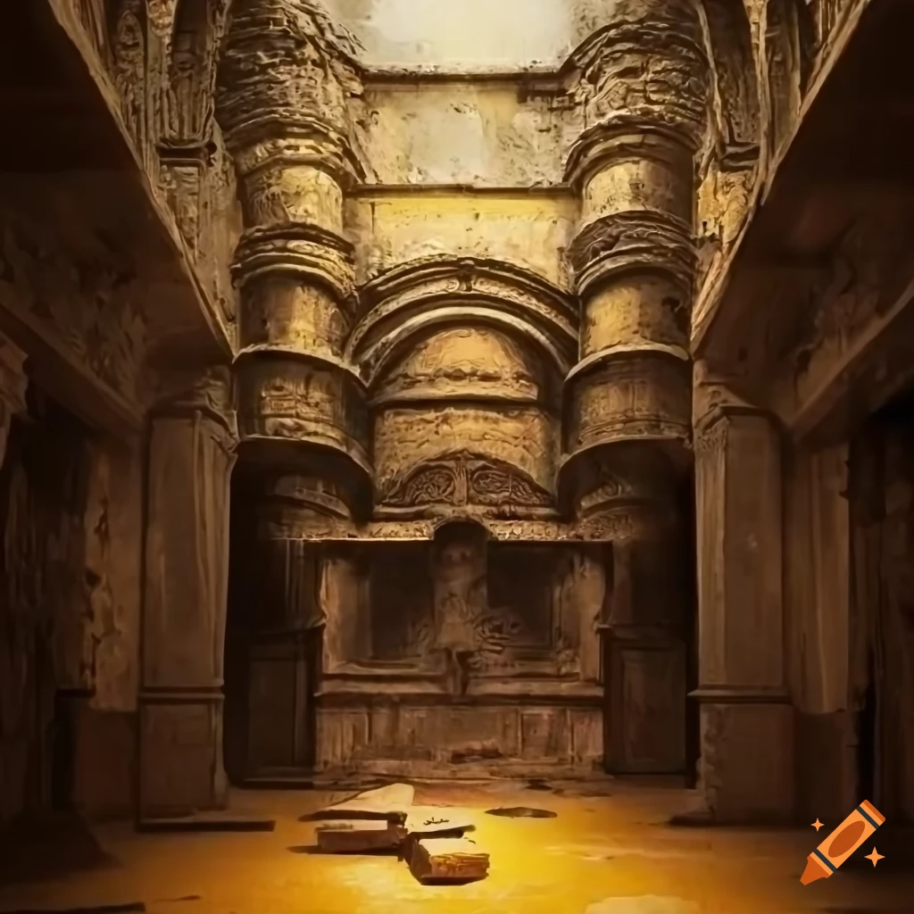 Huge old abandoned temple room with ancient scrolls and artifacts in ...