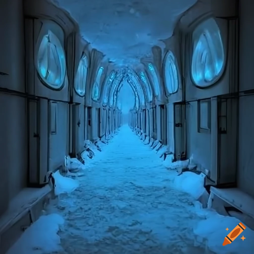 Hallway with cryogenic pods and glowing blue light