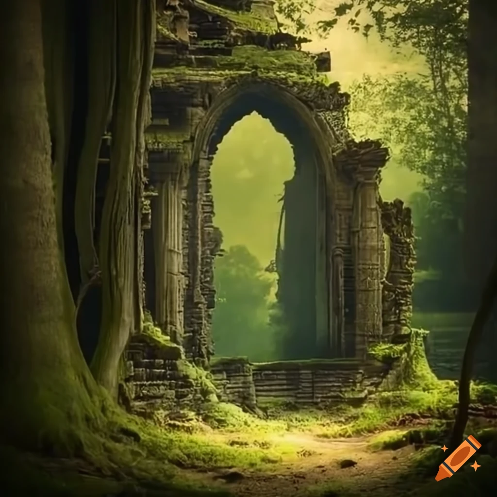 Crumbling temple ruin in the middle of an enchanted forest on Craiyon