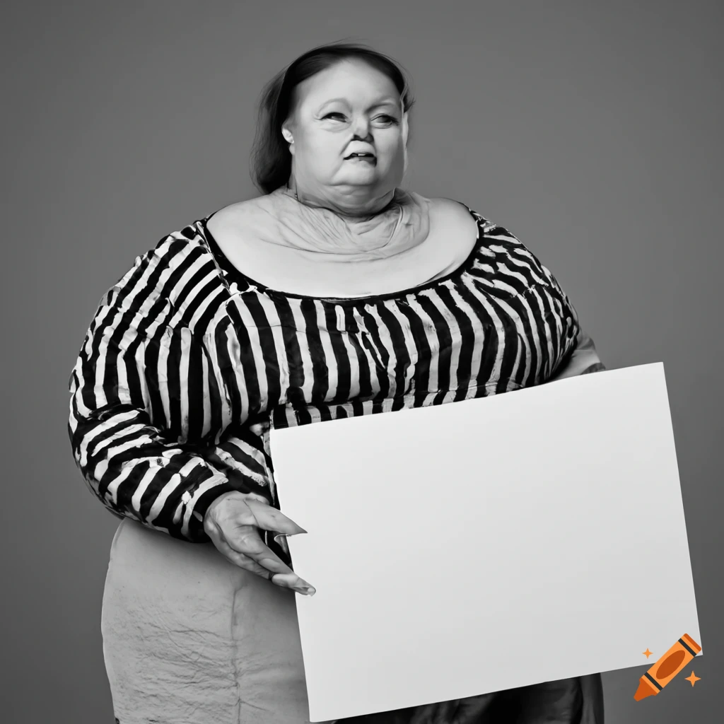 Vintage portrait of an obese woman holding a white poster on Craiyon