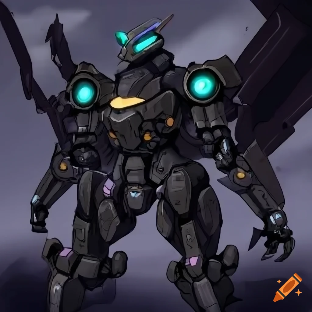 Anime-style mecha with bulky armor and black color scheme