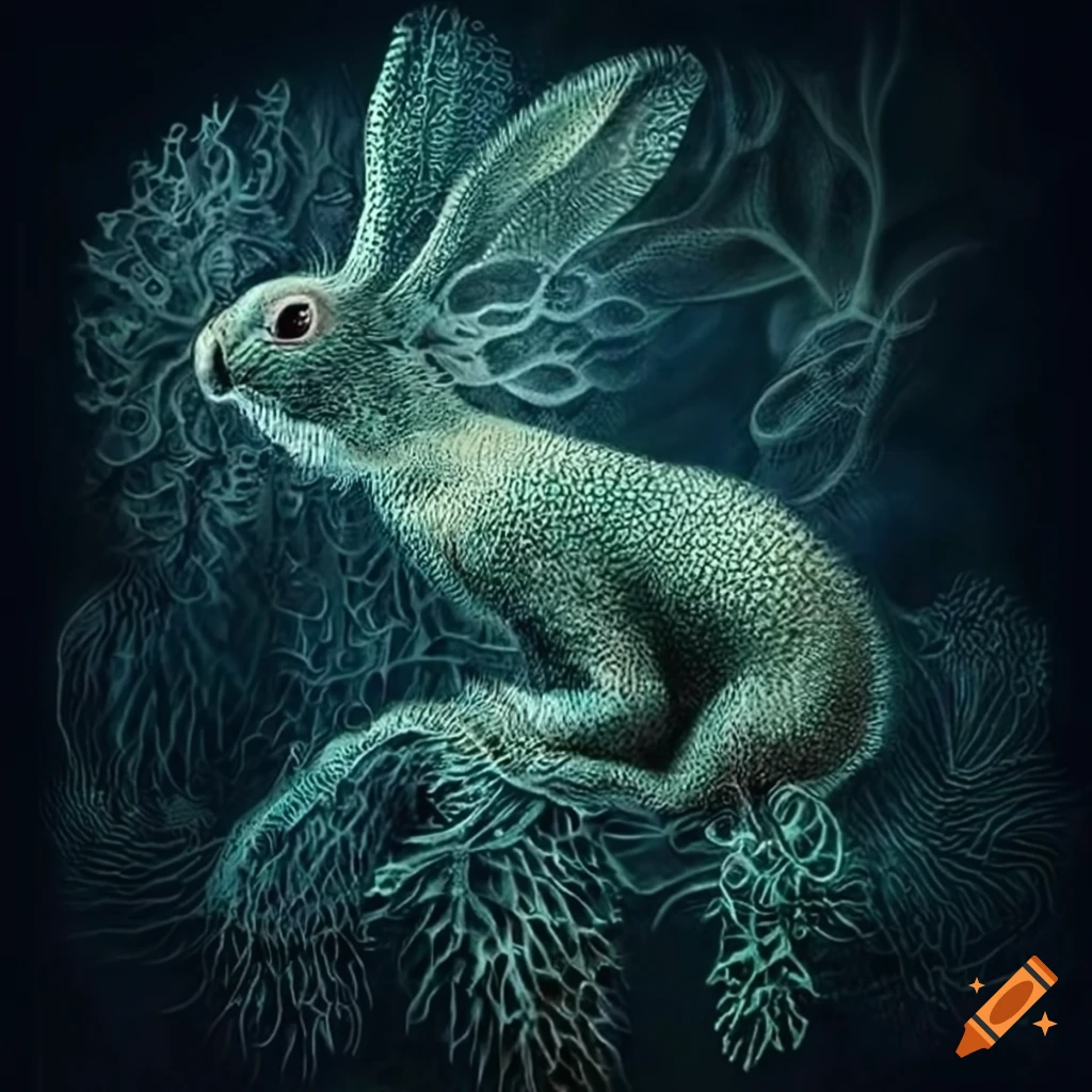 Intricate underwater rabbit art inspired by hans haeckel
