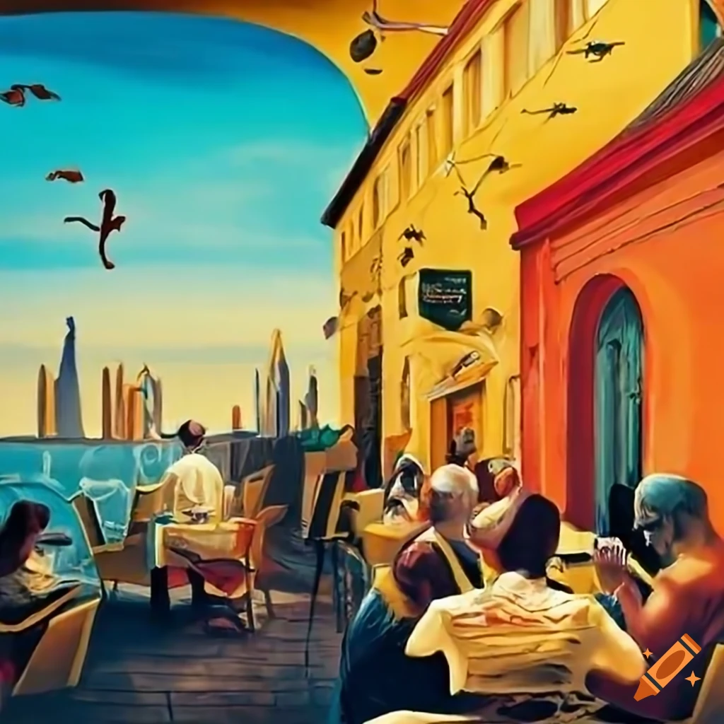 Café patio with seated customers in a dali painting on Craiyon