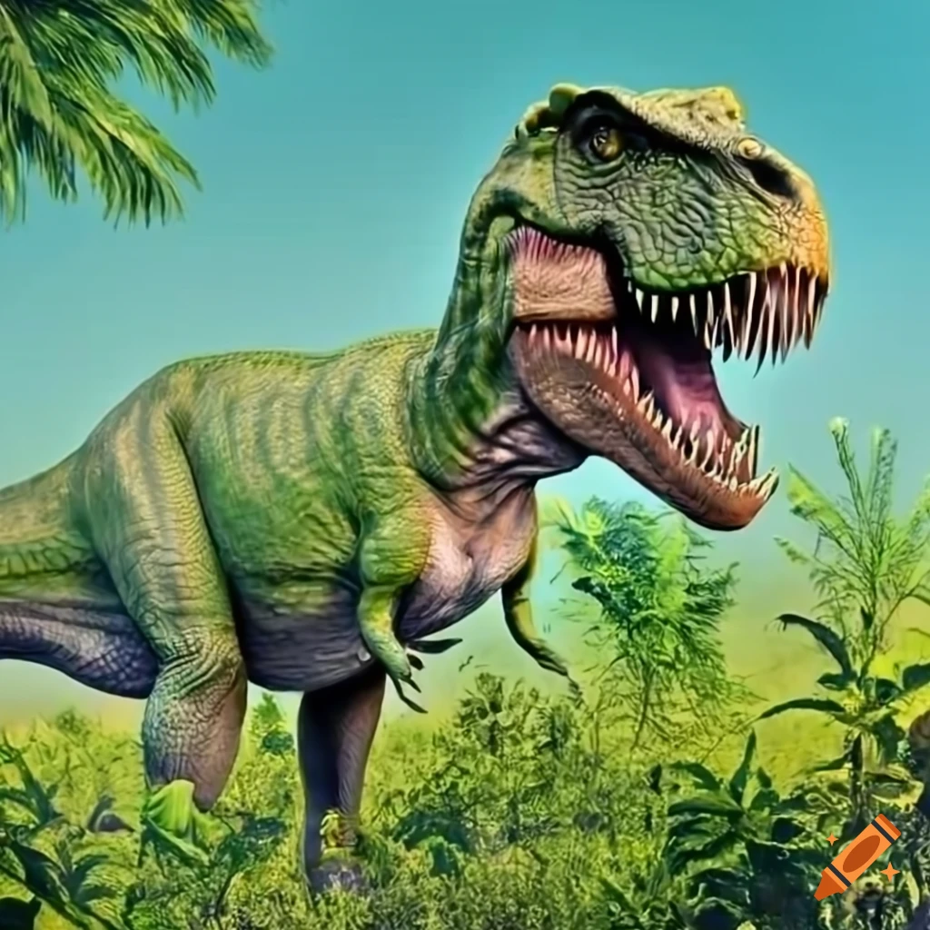 Large light green tyrannosaurus hidden in tall wild and sunny vegetation
