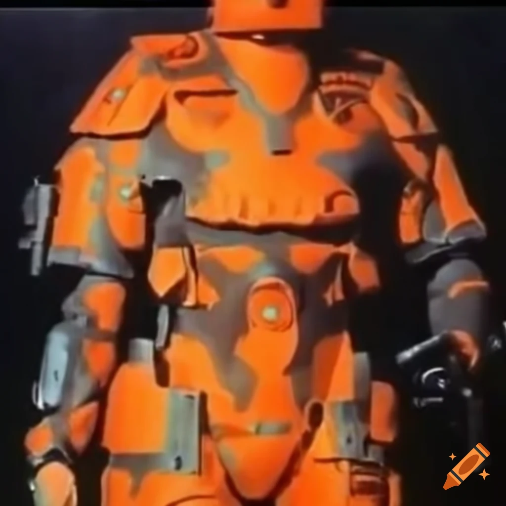 Bulky armored cyborg soldier from 1970s sci-fi fantasy film on Craiyon