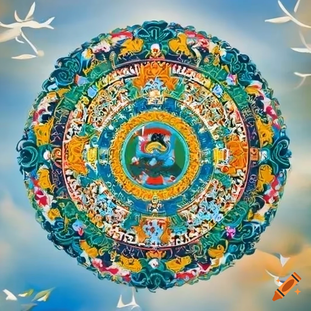 Extraordinary traditional Tibetan colored sand mandala with tigers and ...