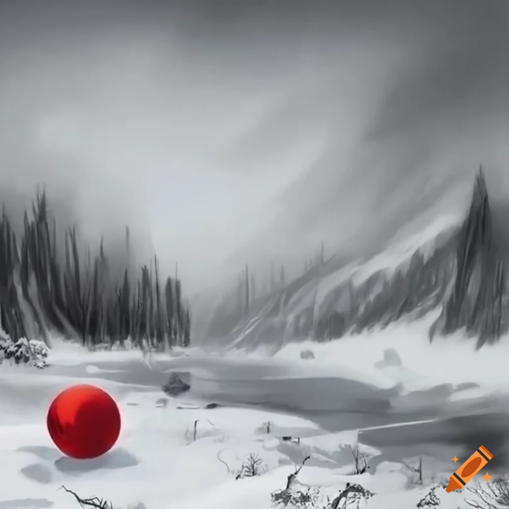 Snowy landscape with a red ball falling off a cliff in a winter setting ...