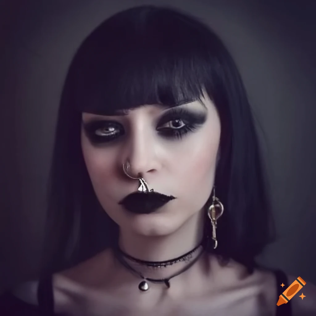 Goth girl with black hair, black lips, and septum ring