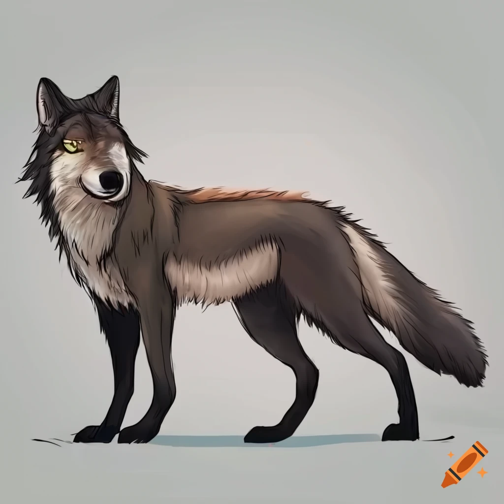 Side view drawing of a standing wolf with paw raised on Craiyon