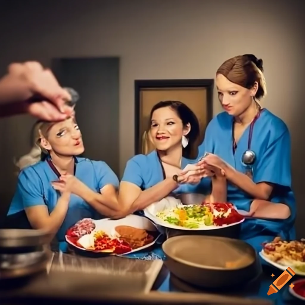 Nurses holding a giant syringe at a potluck with glamour background on ...