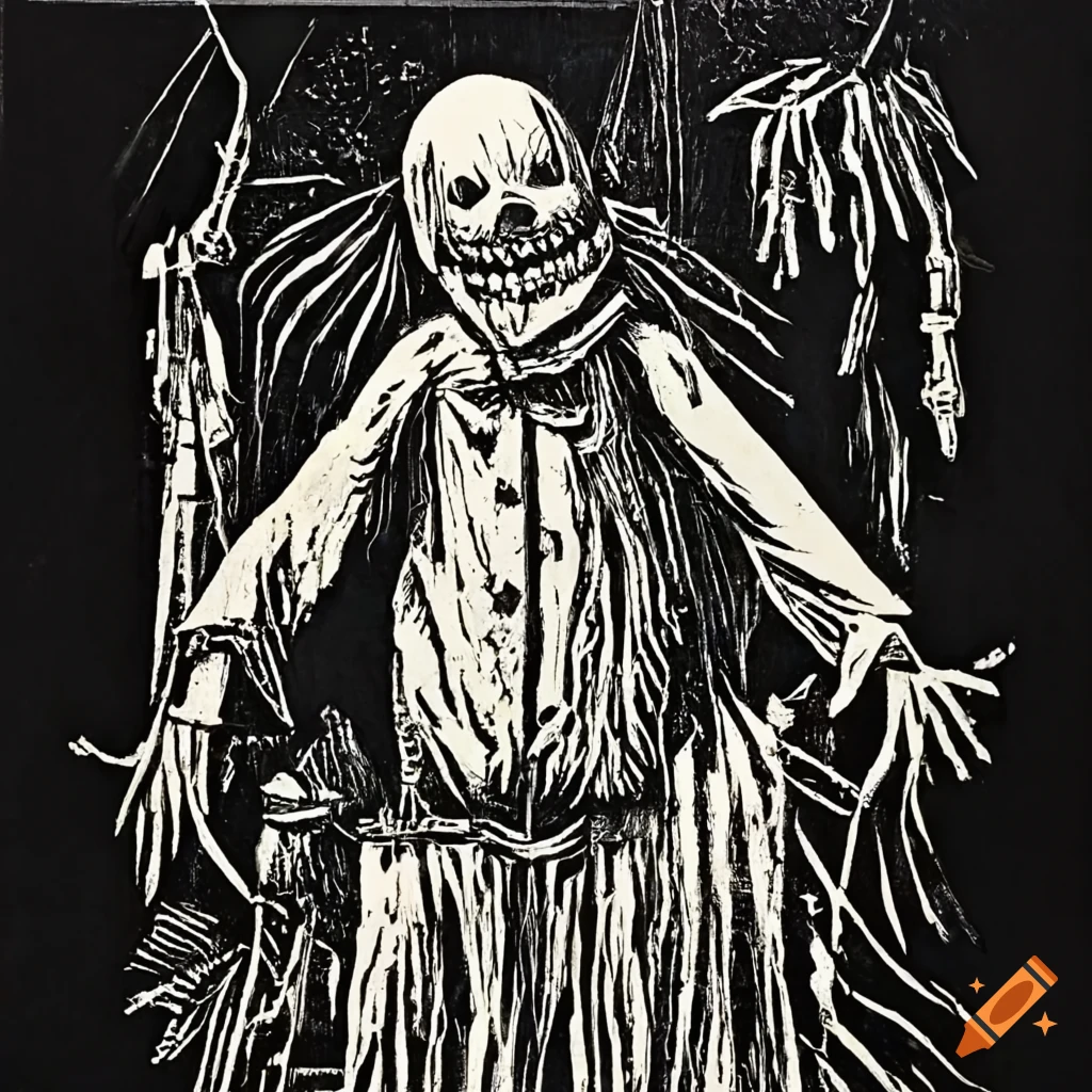 Monochrome linocut of an old creepy scarecrow on Craiyon
