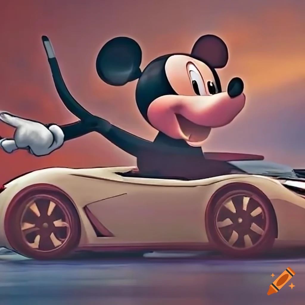 Steamboat Mickey Mouse driving a Lamborghini on Craiyon