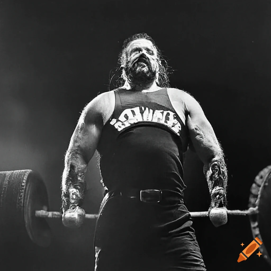 Hispanic strongman with mustache lifting heavy weights in 70's style