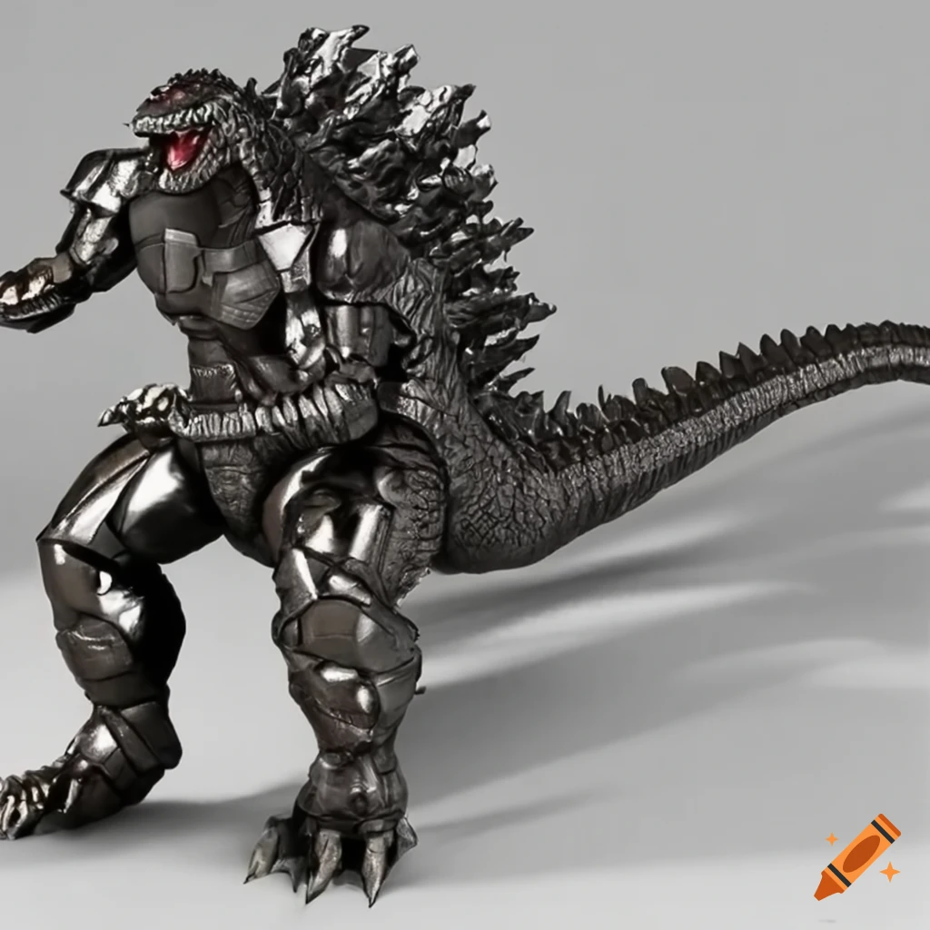 Digital art of a heavily armored metallic godzilla