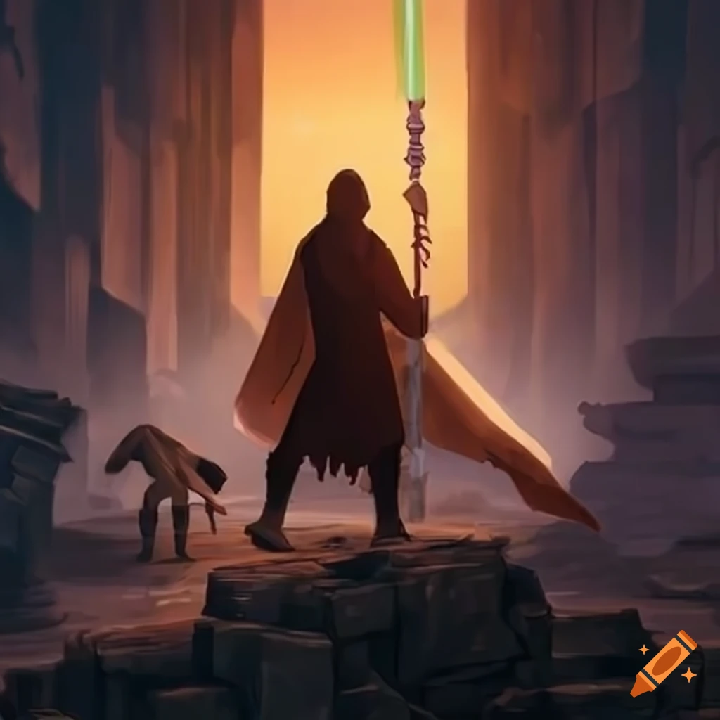 Jedi warrior protected by force field in ancient ruins on Craiyon