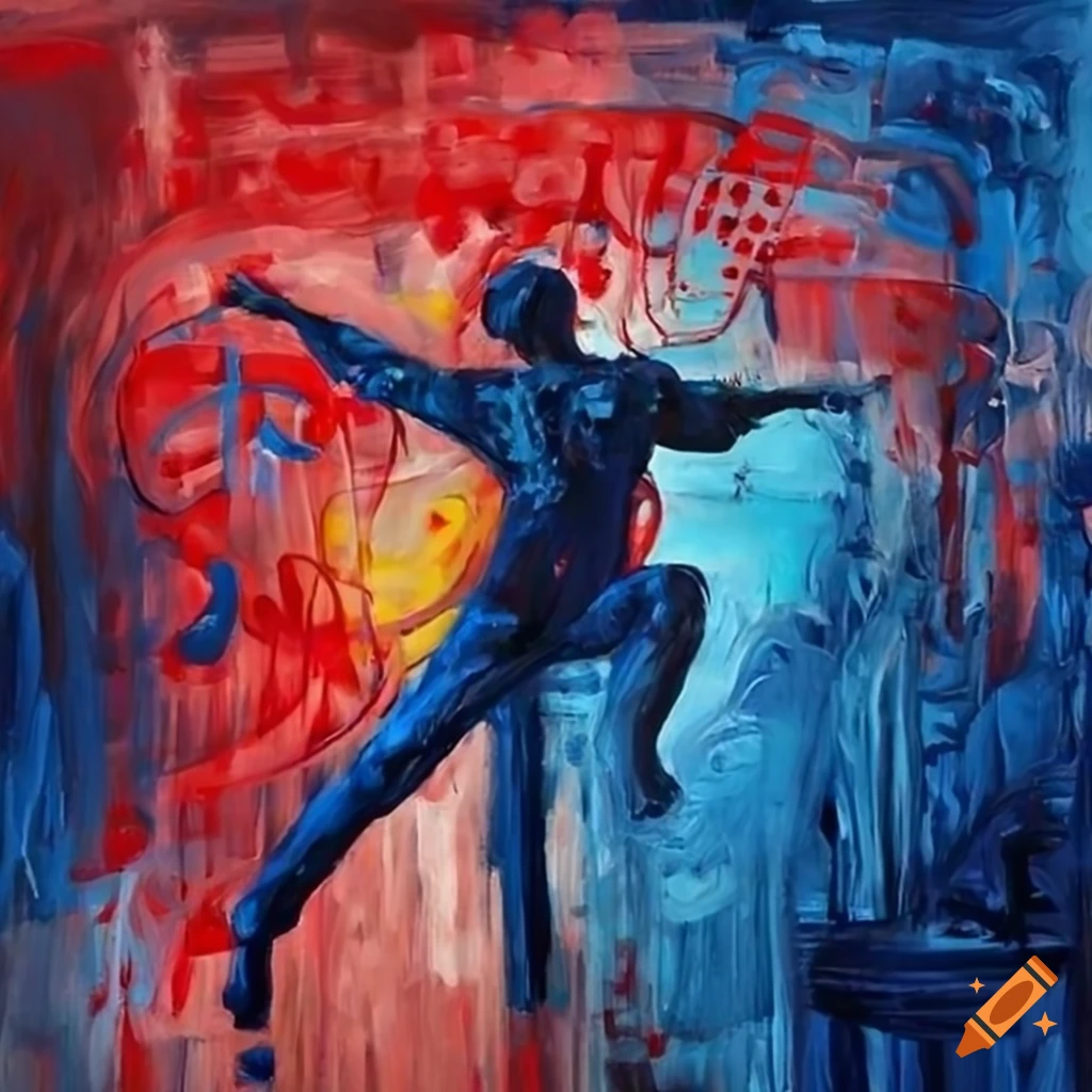 Abstract painting of a man dancing to music in blue and red colors