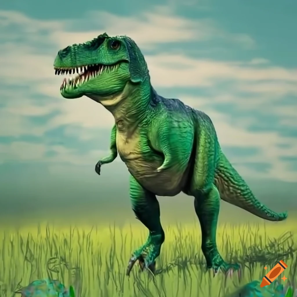 Light green super mega tyrannosaurus in tall sunny vegetation on Craiyon