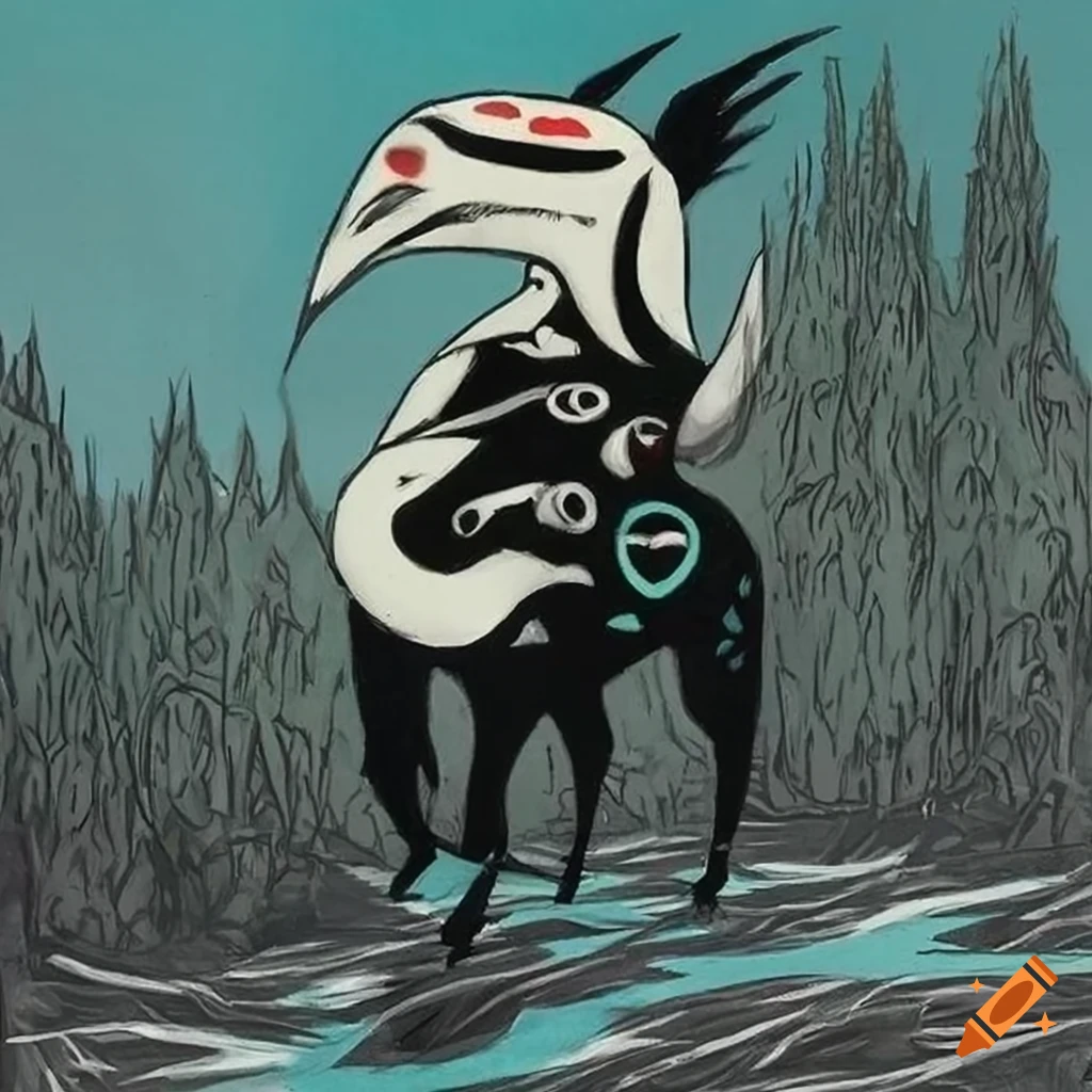 Color serigraph of native Salish motifs and fantasy creatures on Craiyon