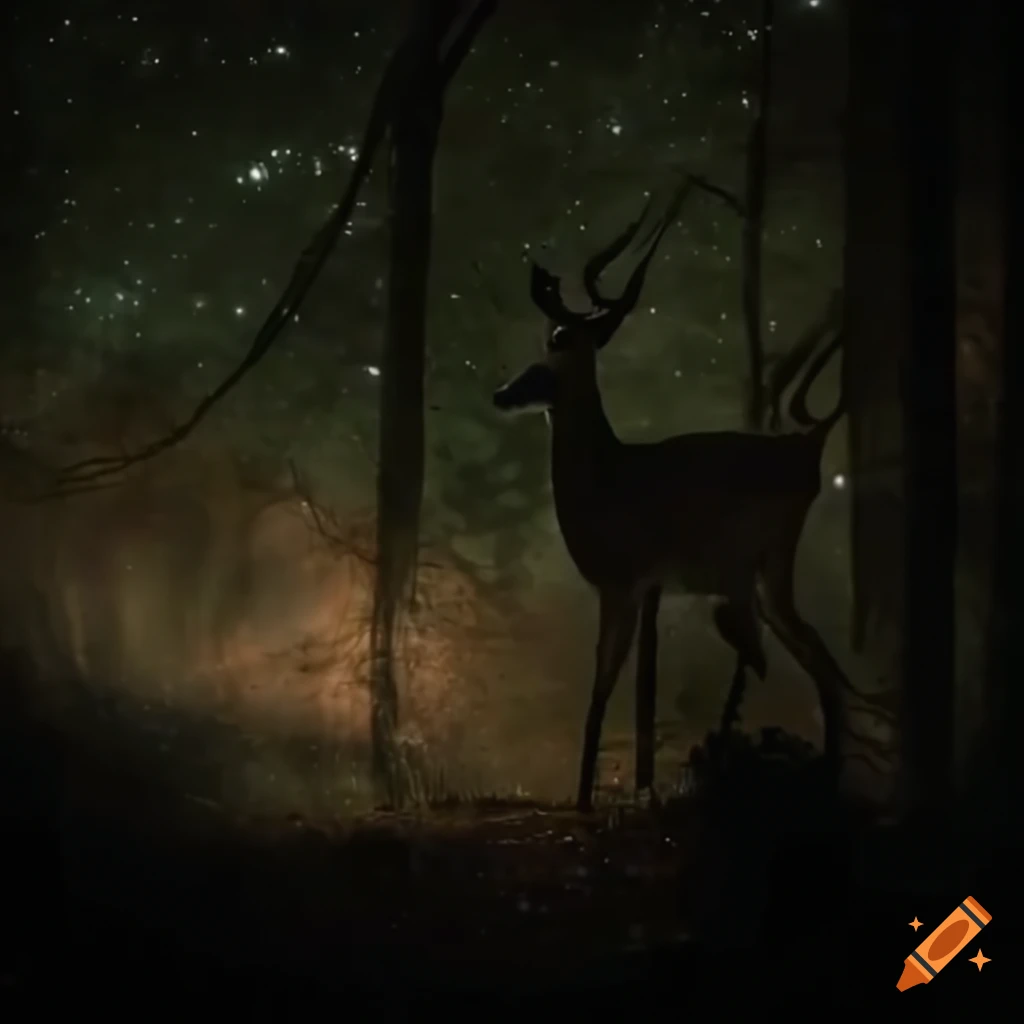 Deer in a forest under a starry night sky on Craiyon