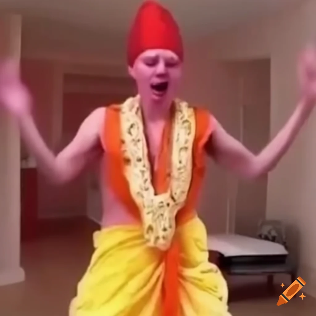 Dancing meme of a person dressed as a colorful god