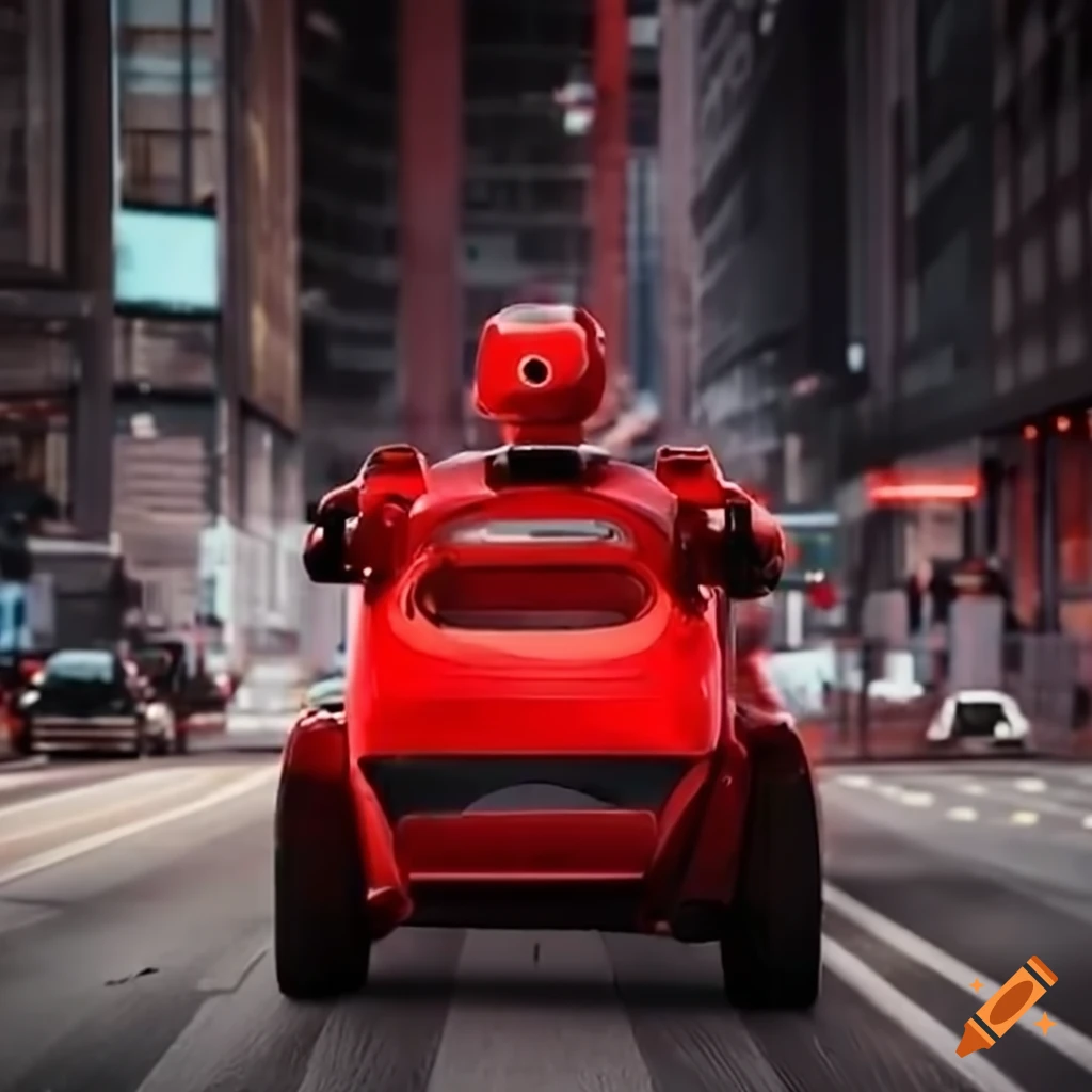 Red robot driving smart car in busy downtown traffic on Craiyon