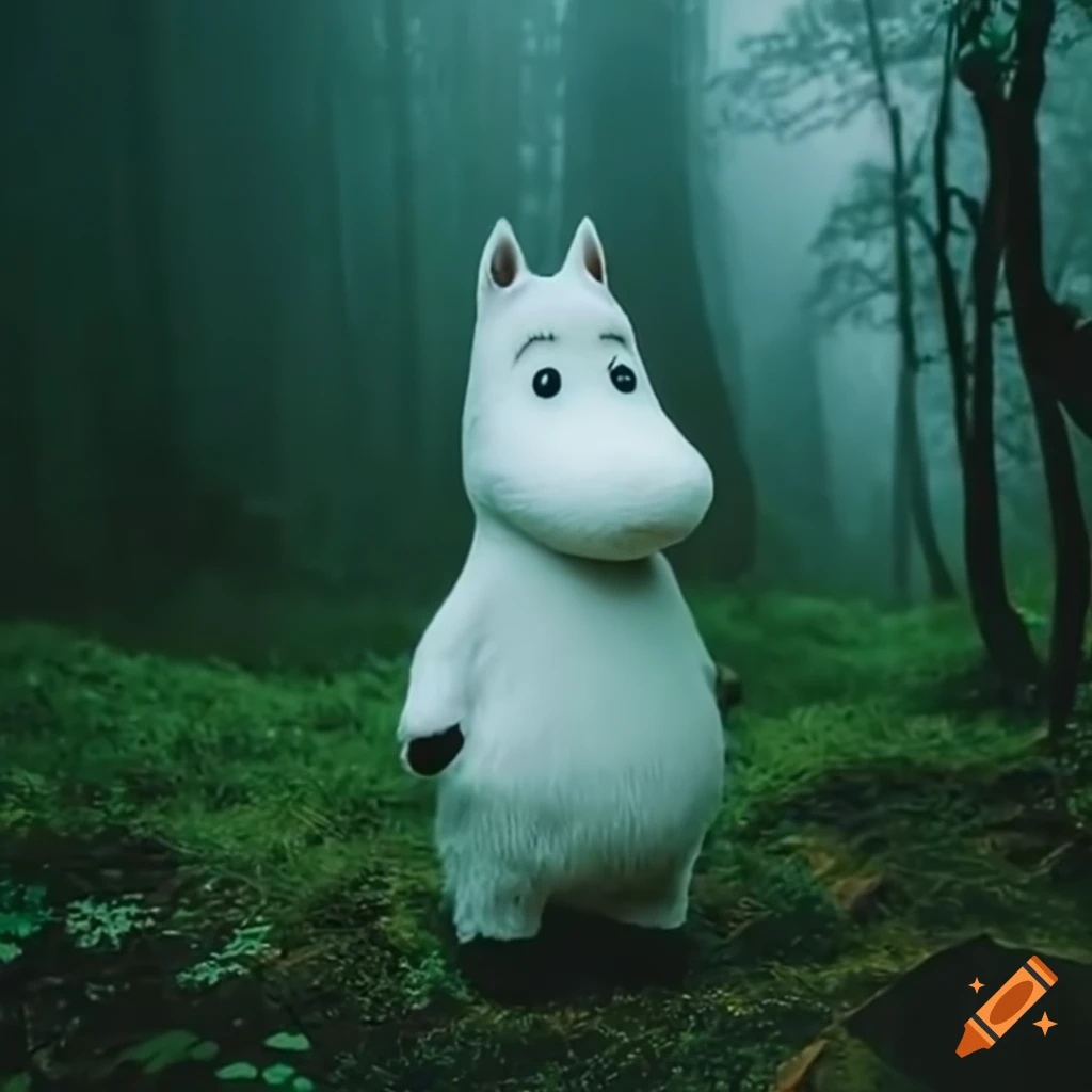 Moomins character emerging from dense forest in mysterious fog on Craiyon