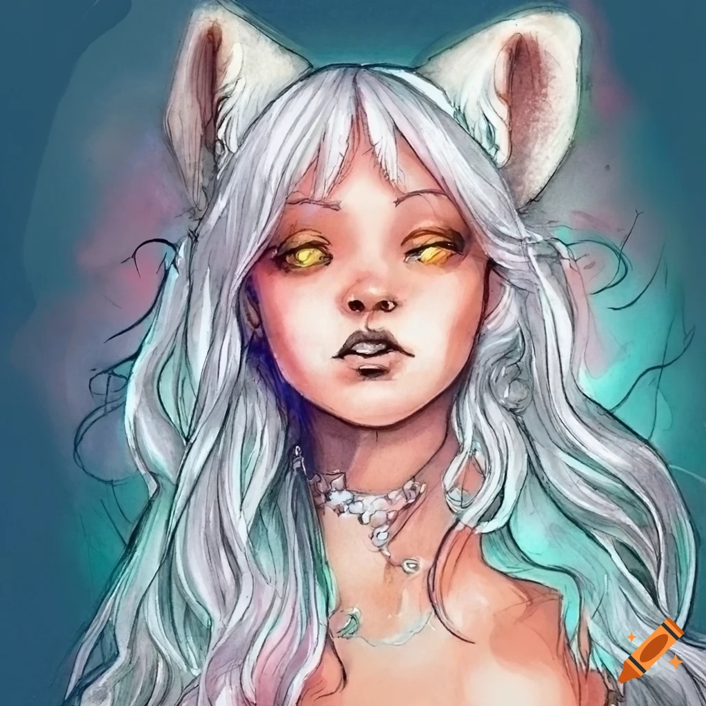 Watercolor and ink drawing of a cute goddess with silver hair and fox ...