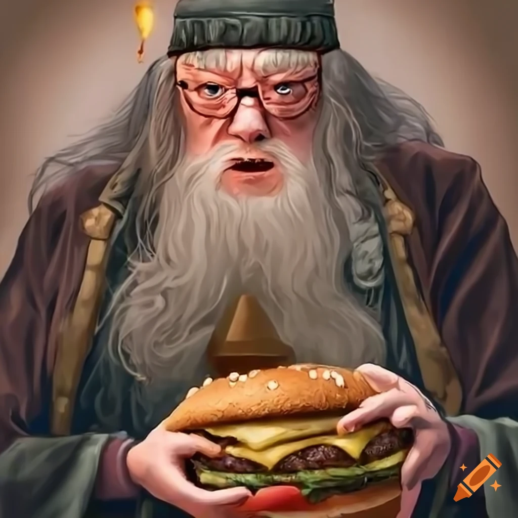 Dumbledore enjoying a large burger on Craiyon