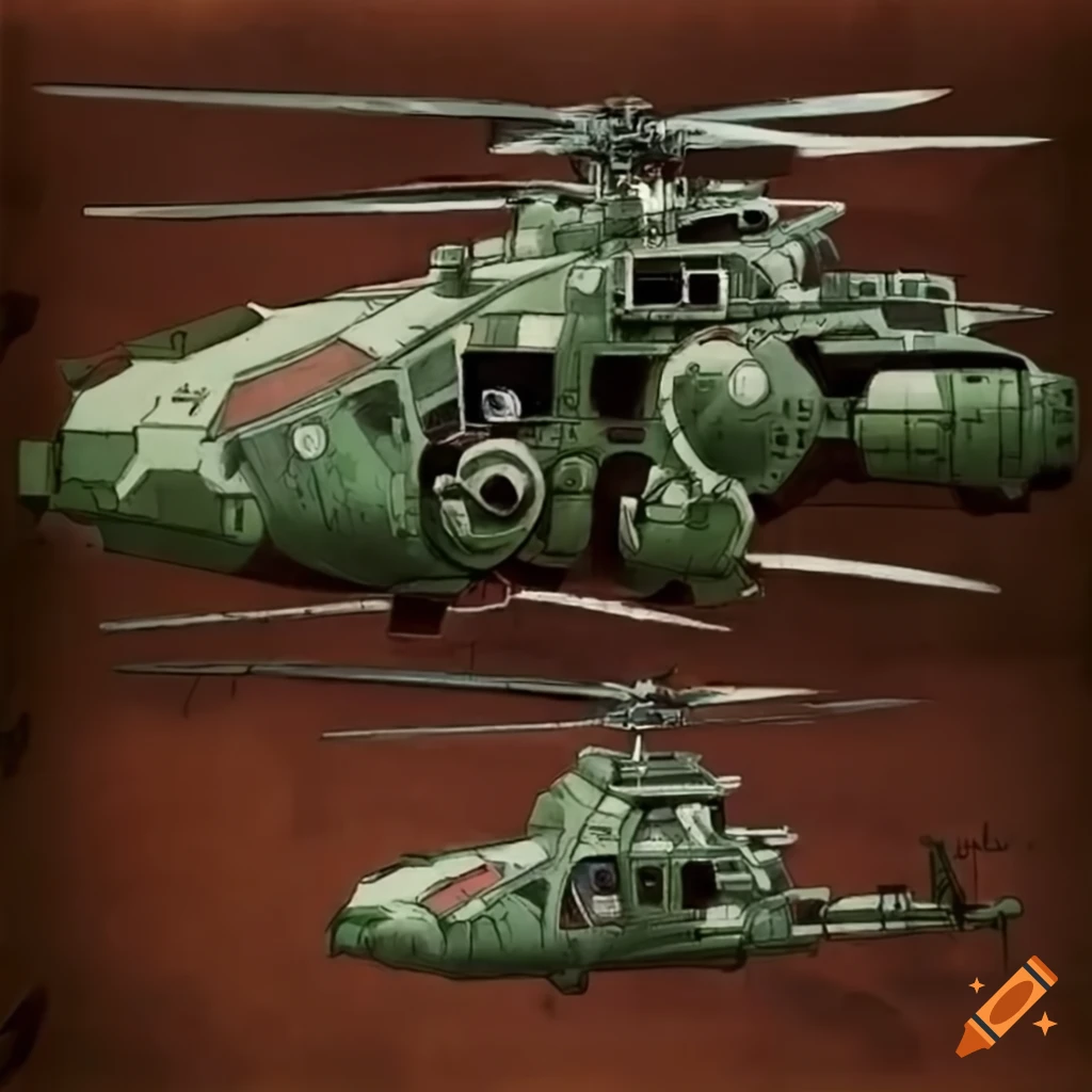 Bulky armored helicopter in a 70s sci-fi style