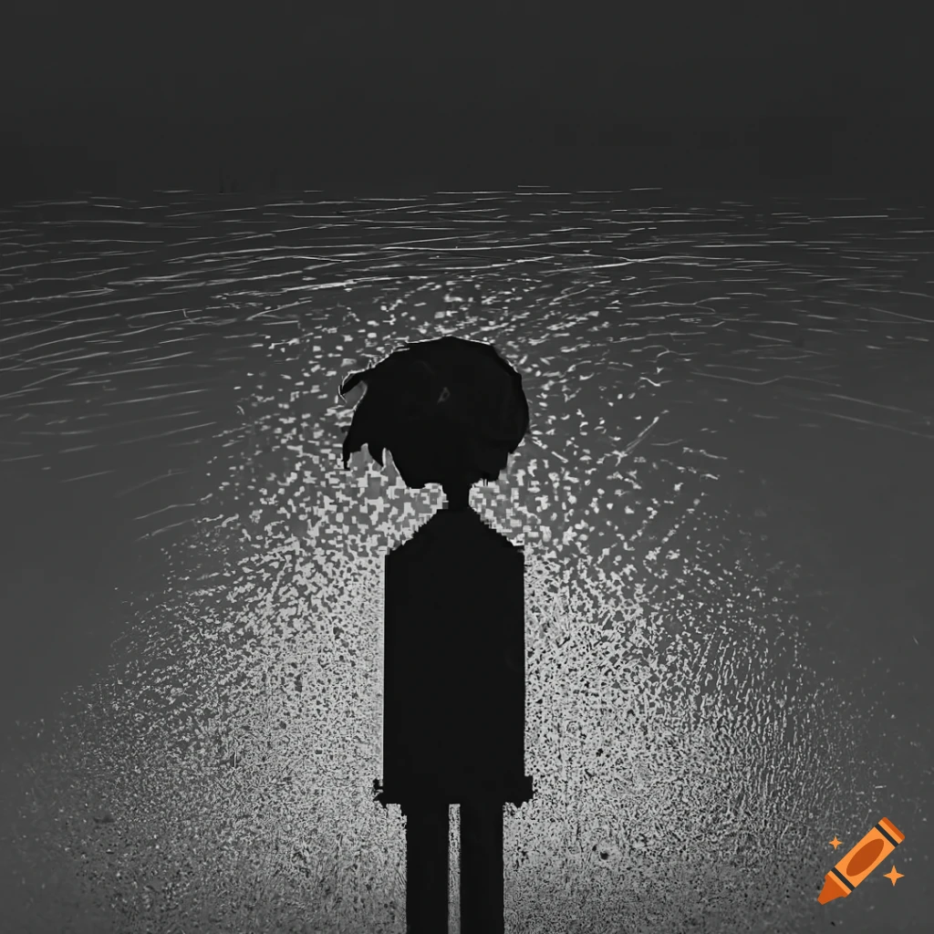 Black shadow figure with squiggles covering its eyes in a pixelated and ...