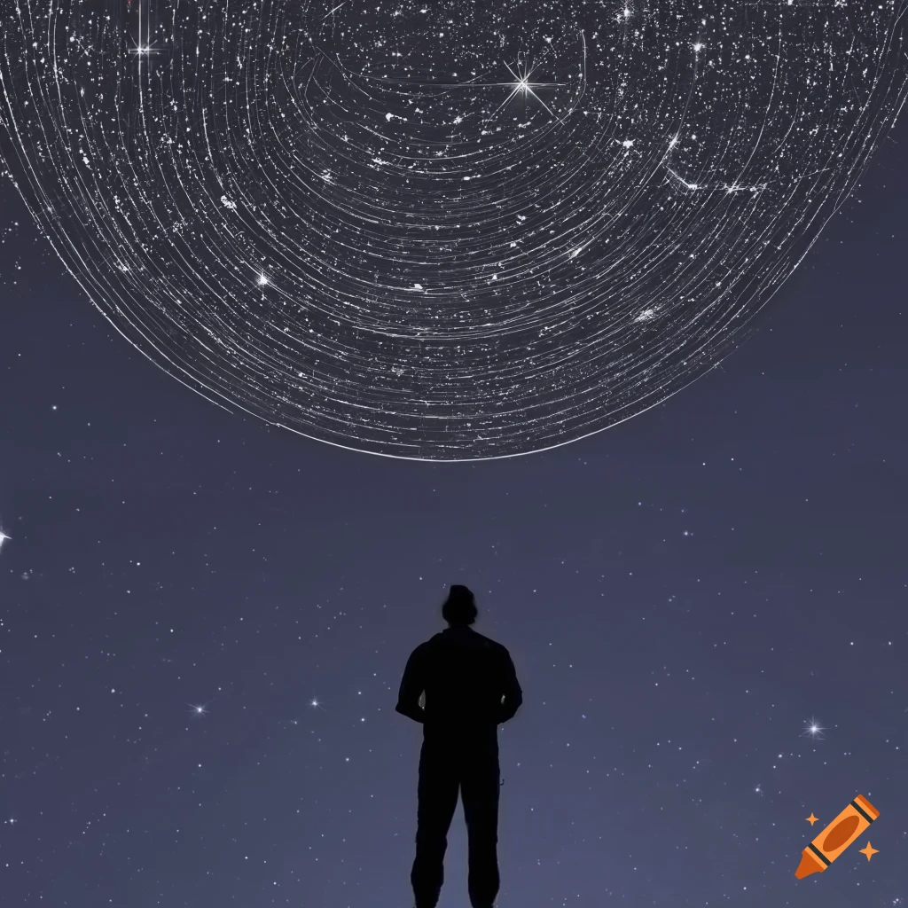 Silhouette under a starry sky with constellations forming mathematical ...