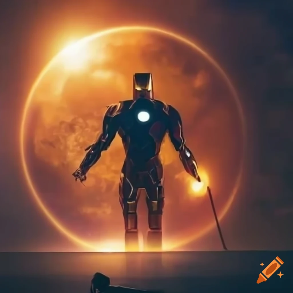 Iron man standing in front of the sun on a black background on Craiyon
