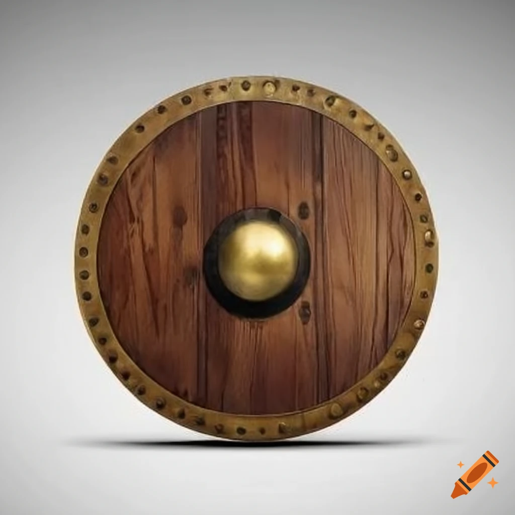 Round wooden shield with brass rim and boss