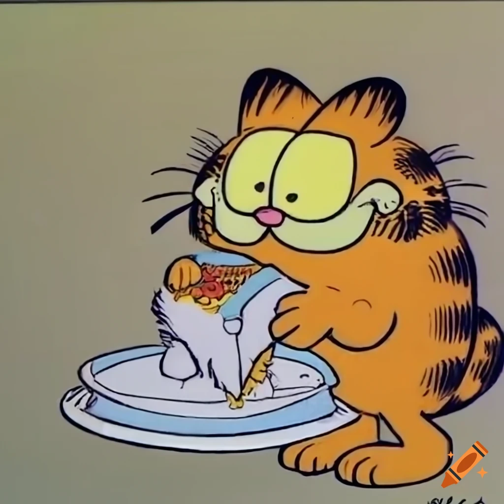 Garfield eating lasagna in 1980s anime style on Craiyon