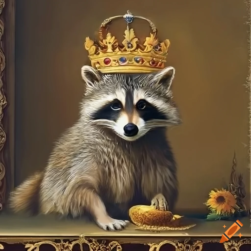 Elegant royal crest with a regally depicted raccoon surrounded by ...