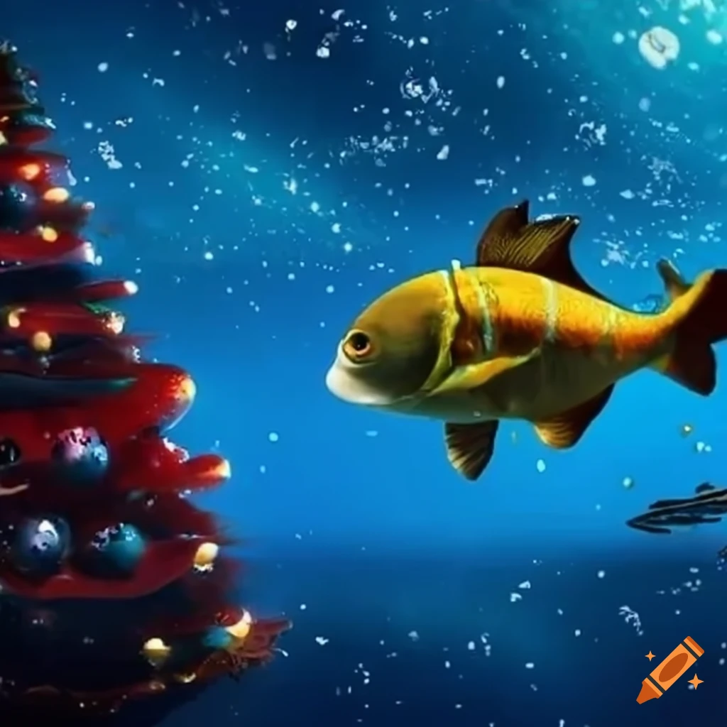 Comical fish-themed christmas scene