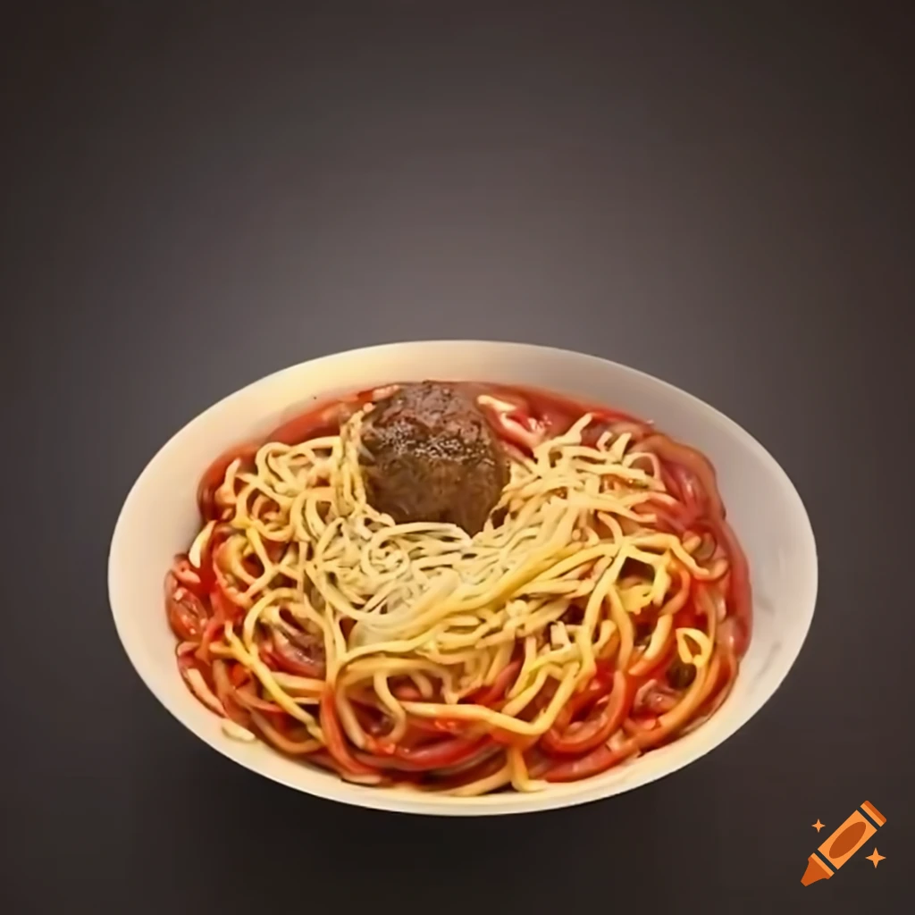 Cartoony bowl of spaghetti and meatballs on Craiyon